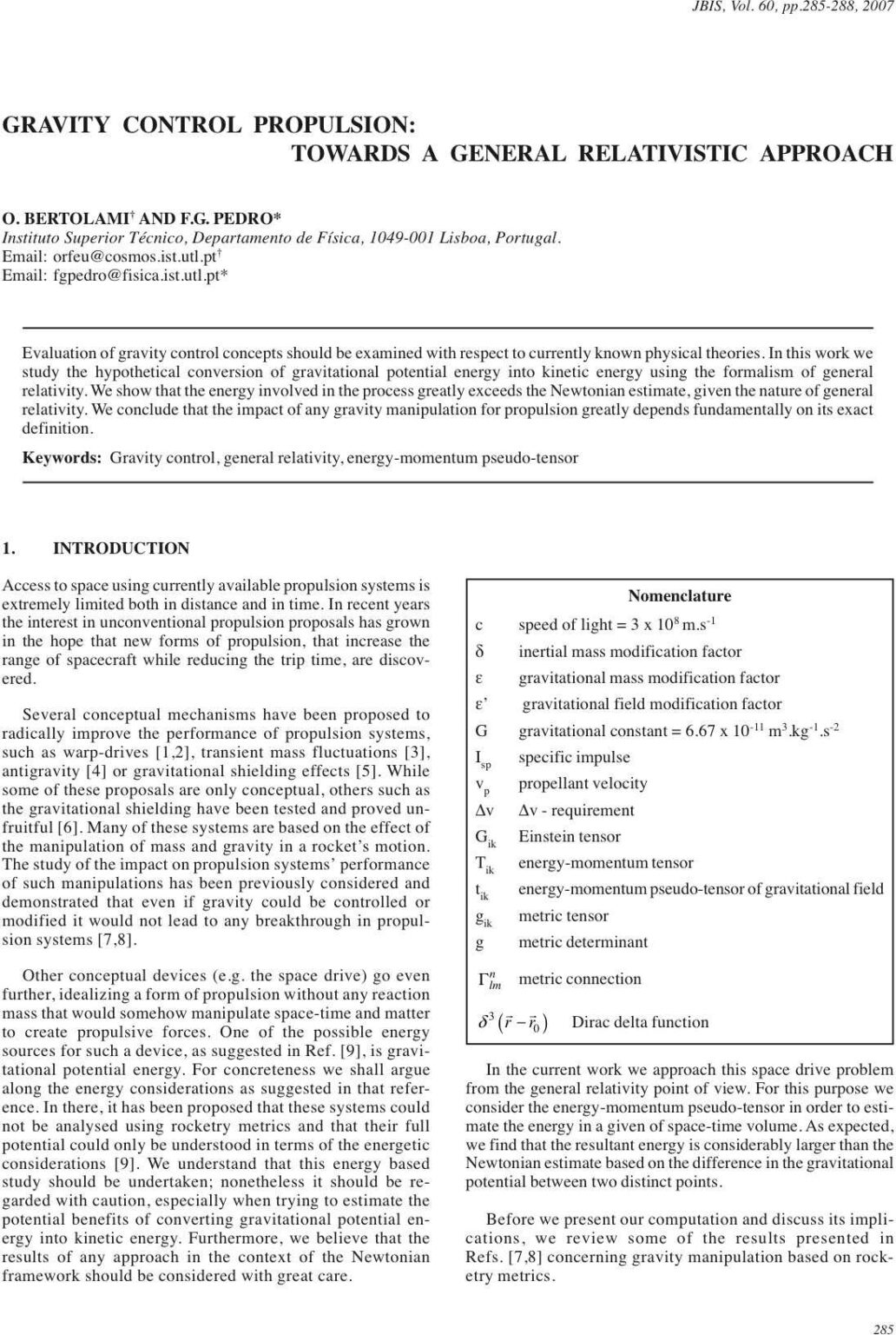 Gravity Control Propulsion – Towards a General Relativistic Approach ...