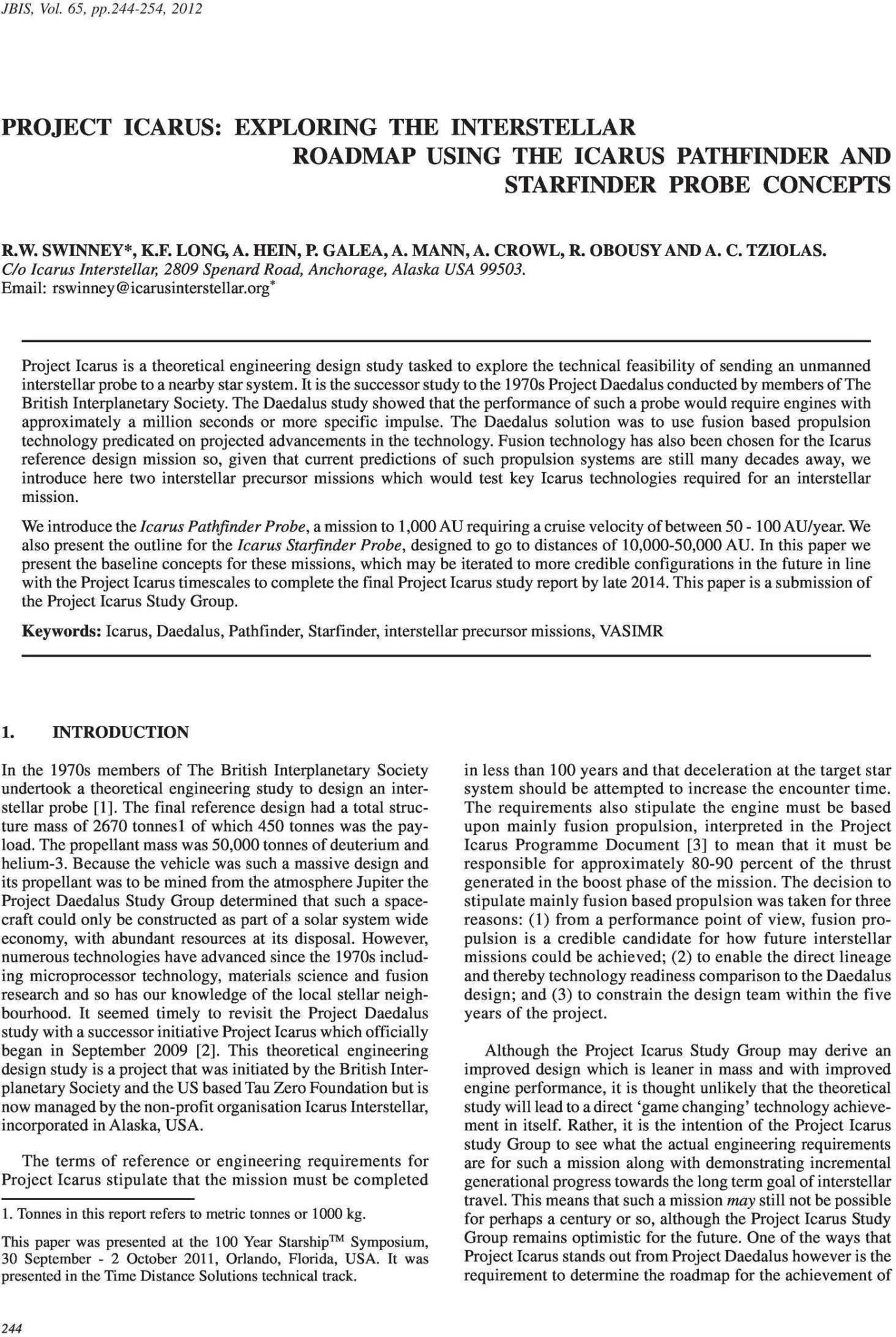 Project Icarus: Exploring the Interstellar Roadmap using the Icarus ...