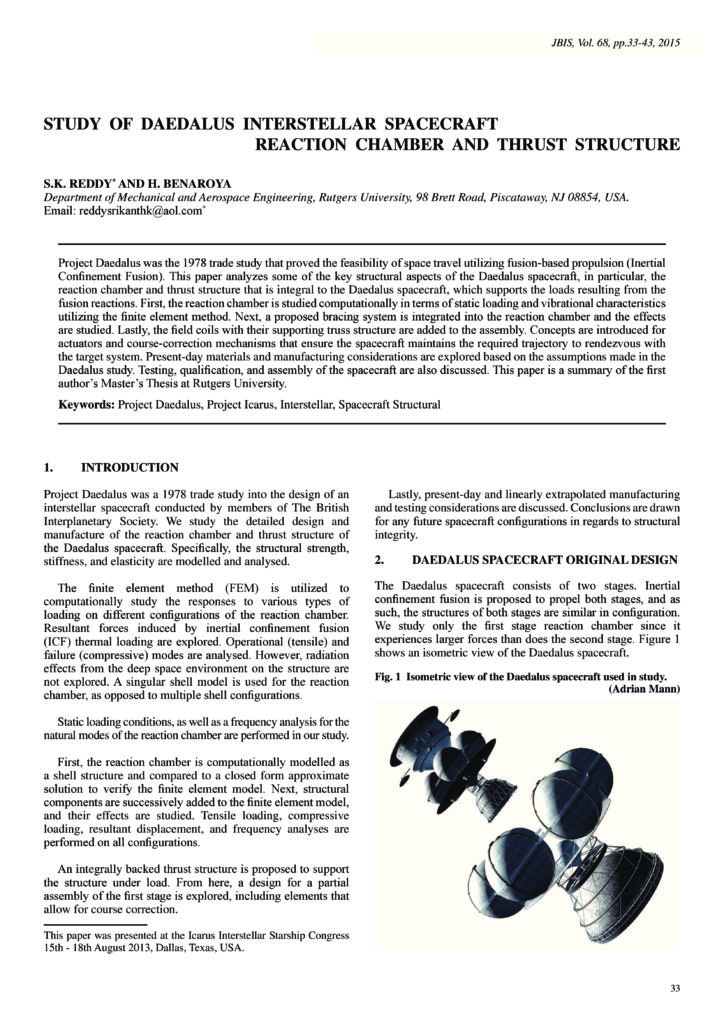 Study of Daedalus Interstellar Spacecraft Reaction Chamber and Thrust ...