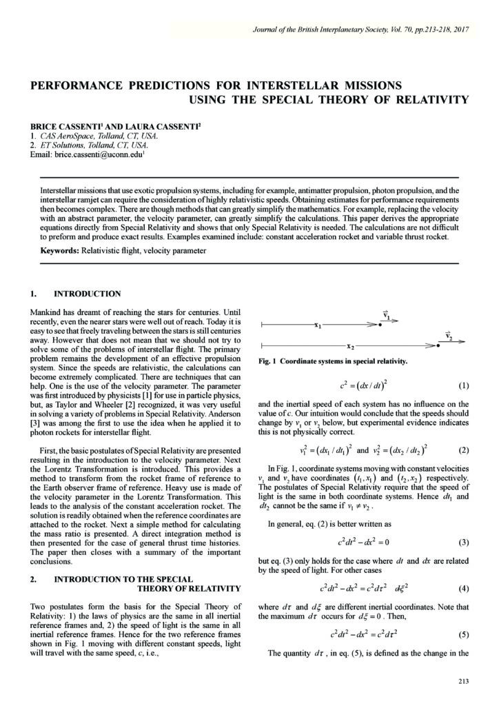 Performance Predictions for Interstellar Missions Using the Special ...