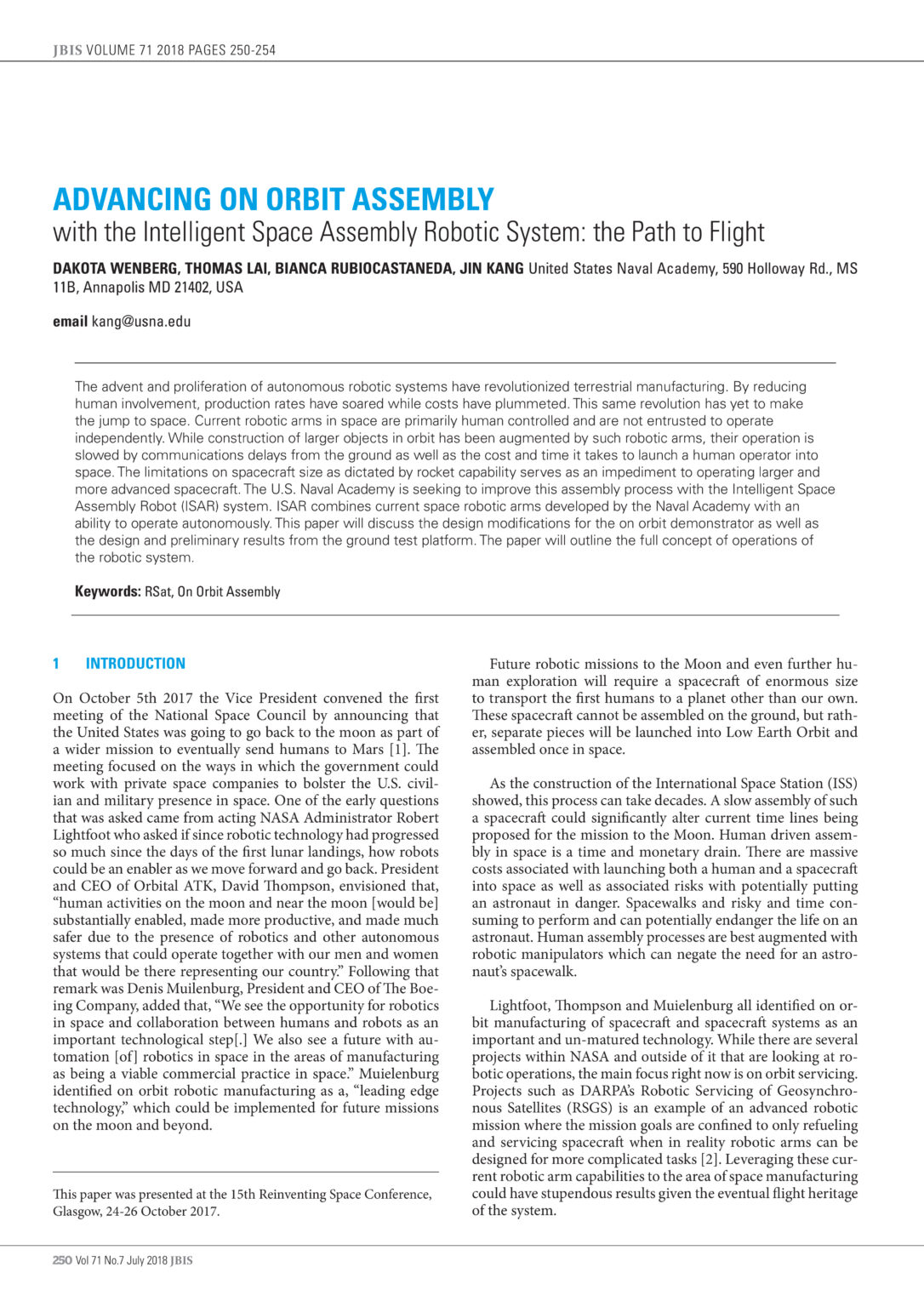 Advancing On Orbit Assembly with the Intelligent Space Assembly Robotic ...