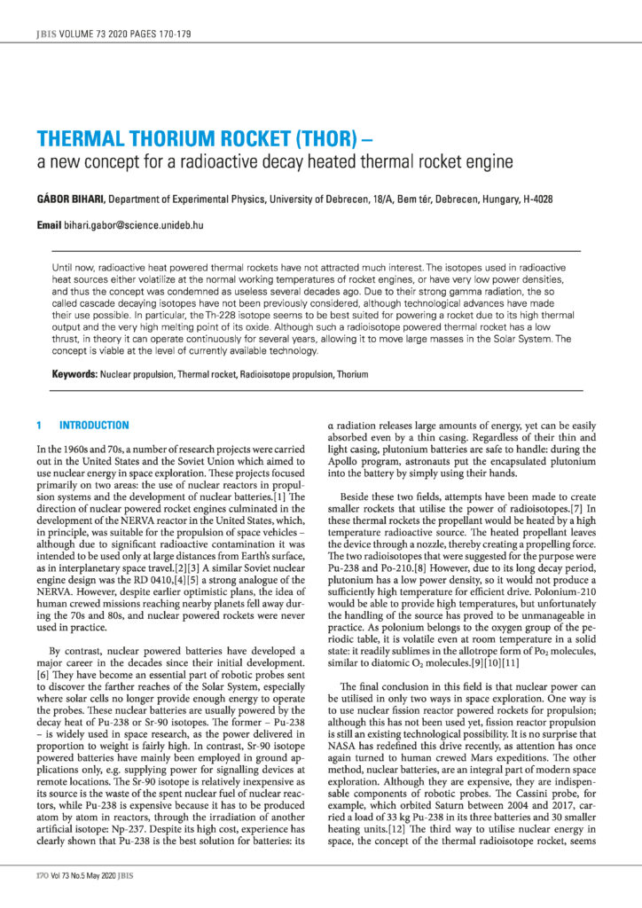 Thermal Thorium Rocket (THOR) – A New Concept for a Radioactive Decay ...