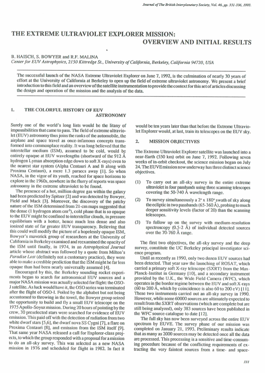 The Extreme Ultraviolet Explorer Mission: Overview And Initial Results ...