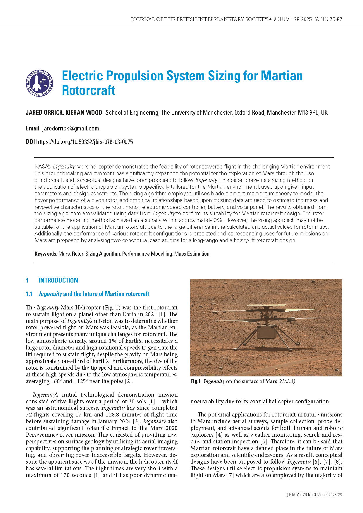 Electric Propulsion System Sizing for Martian Rotorcraft – BIS Shop